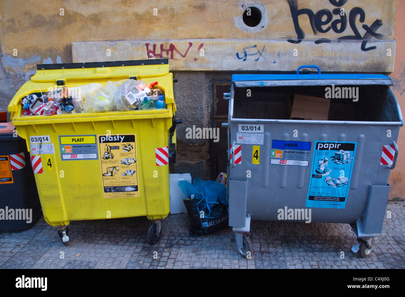 Recycling bins Zizkov district Prague Czech Republic Europe Stock Photo ...