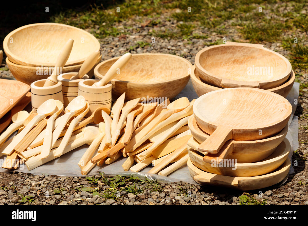 Traditional Romanian carved wood dishware at Horezu earthenware fair in ...