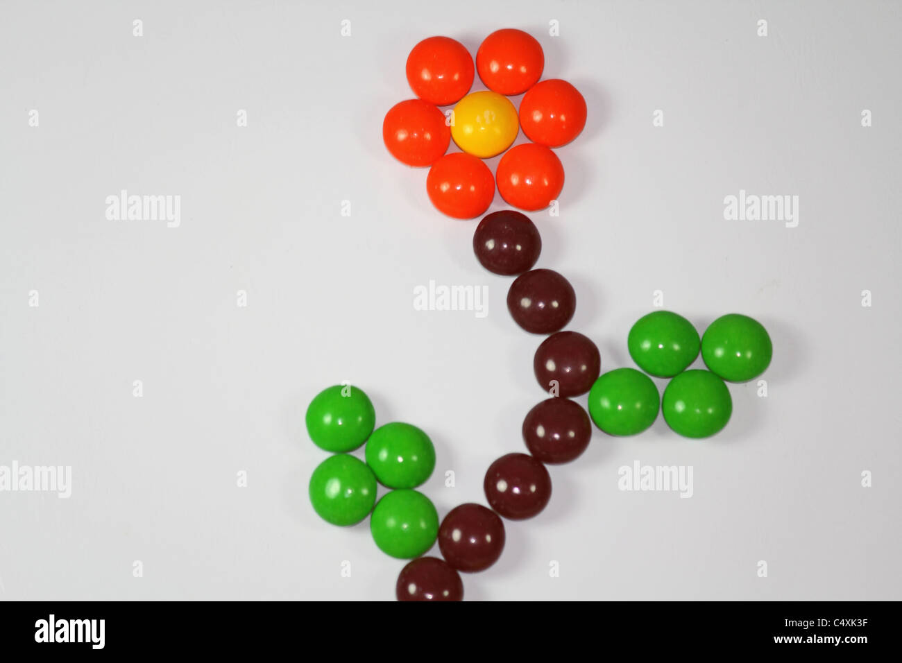 Multi-colored candies arranged in form of plant with flower on white ...
