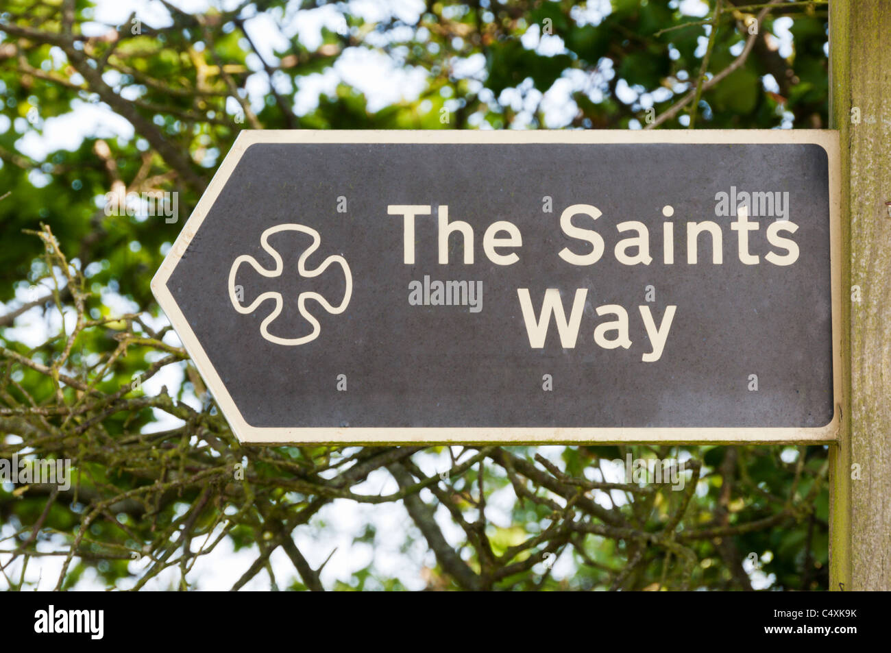 A sign for the Saints Way long distance footpath in Cornwall Stock ...