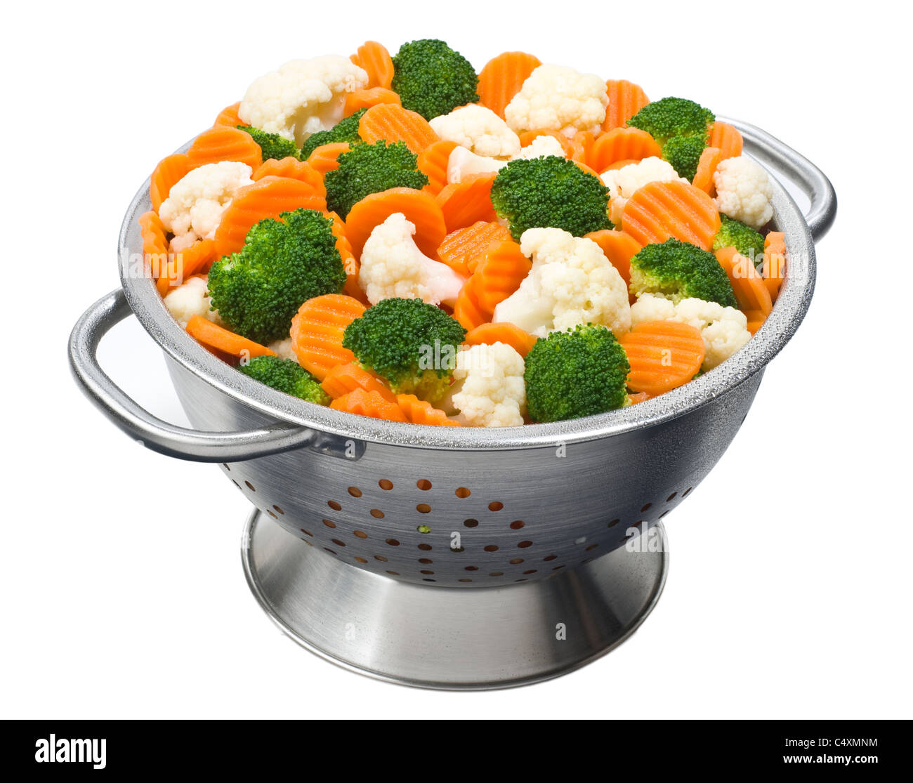 Steel Colander with vegetables on white background Stock Photo - Alamy