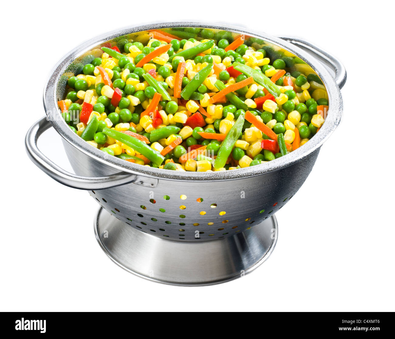 Steel Colander with vegetables on white background Stock Photo - Alamy
