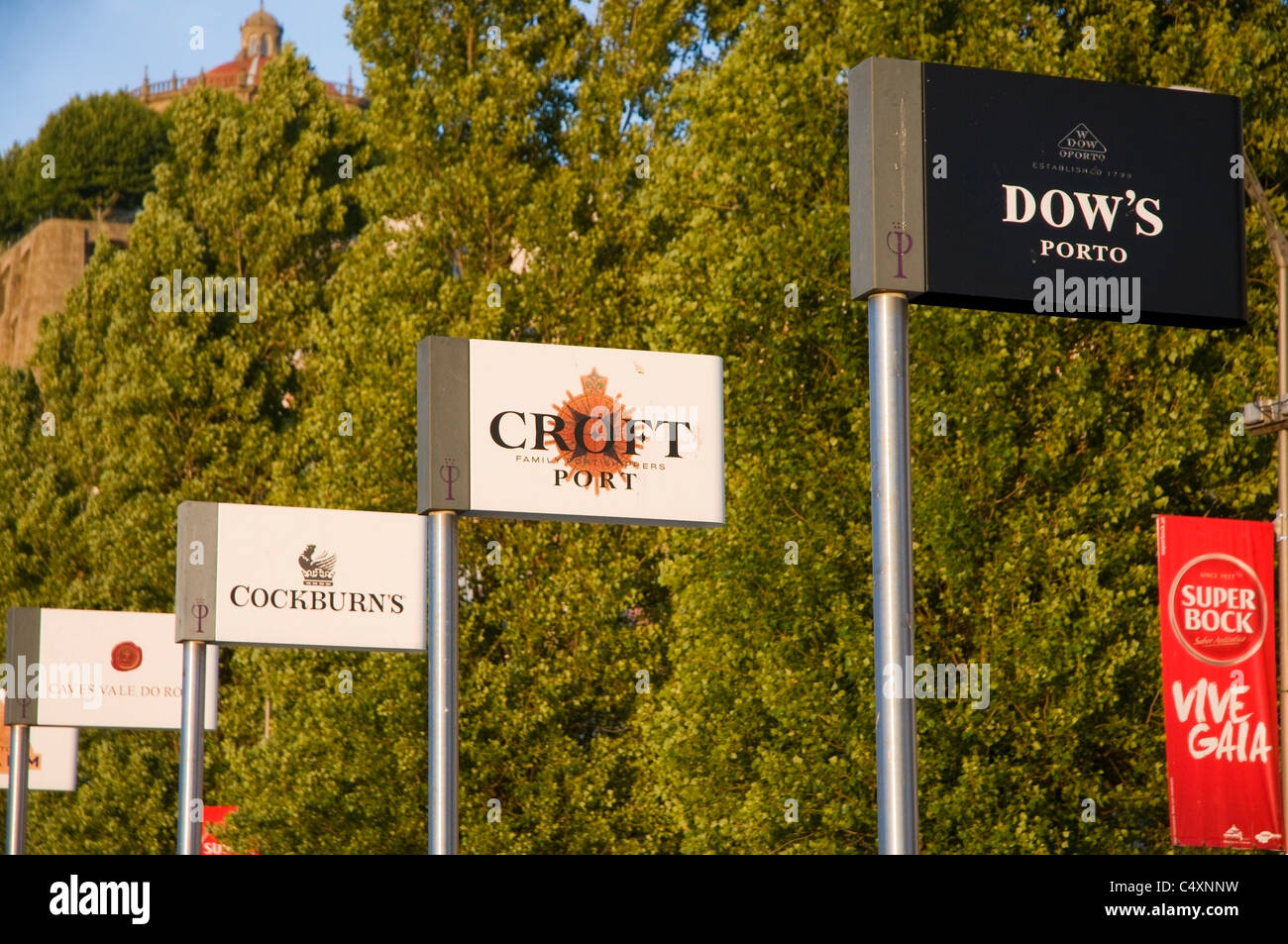 signs along the waterfront in Porto depicting Port wine manufacturers ...