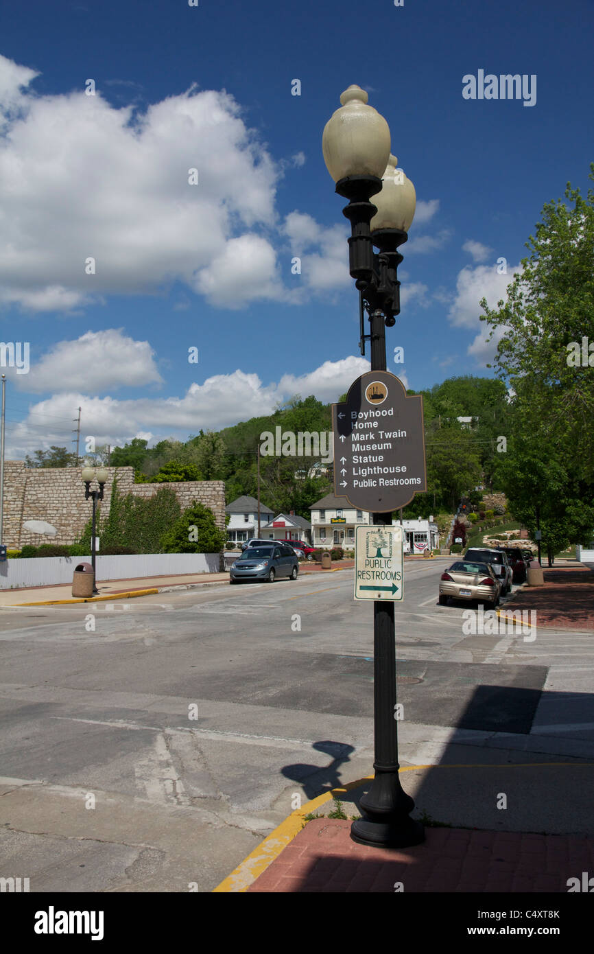Tourist sign. Corner of Hill and Main Streets, Hannibal, Missouri Stock ...