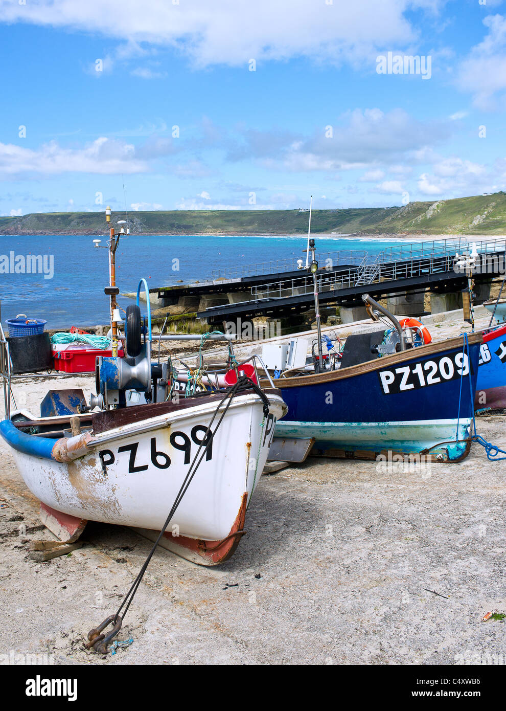 Small fishing boats drawn up on the slipway at Sennen in Cornwall Stock ...