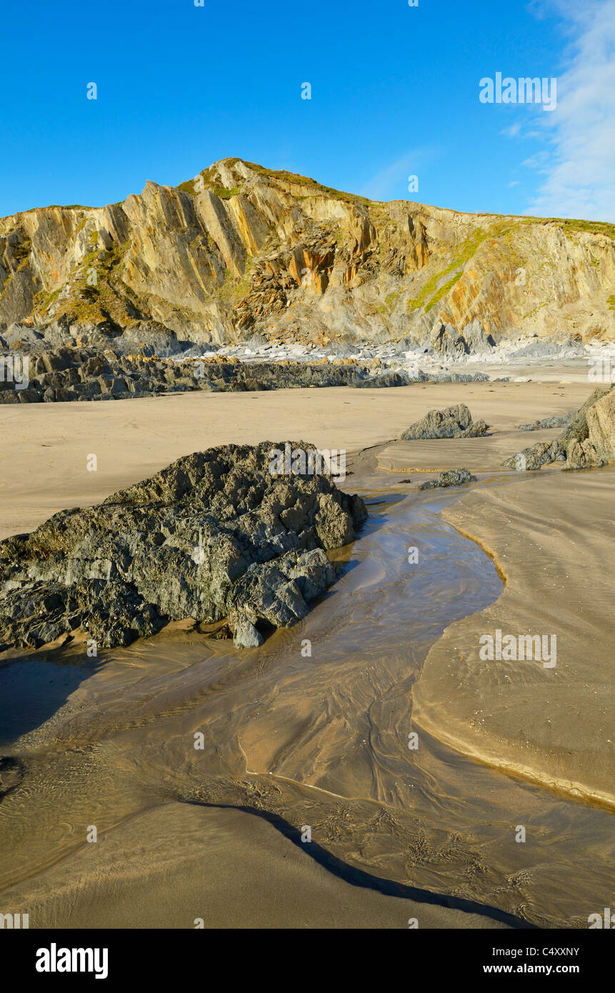 The beach and cliffs at Rockham Bay, Mortehoe, Devon, England Stock ...