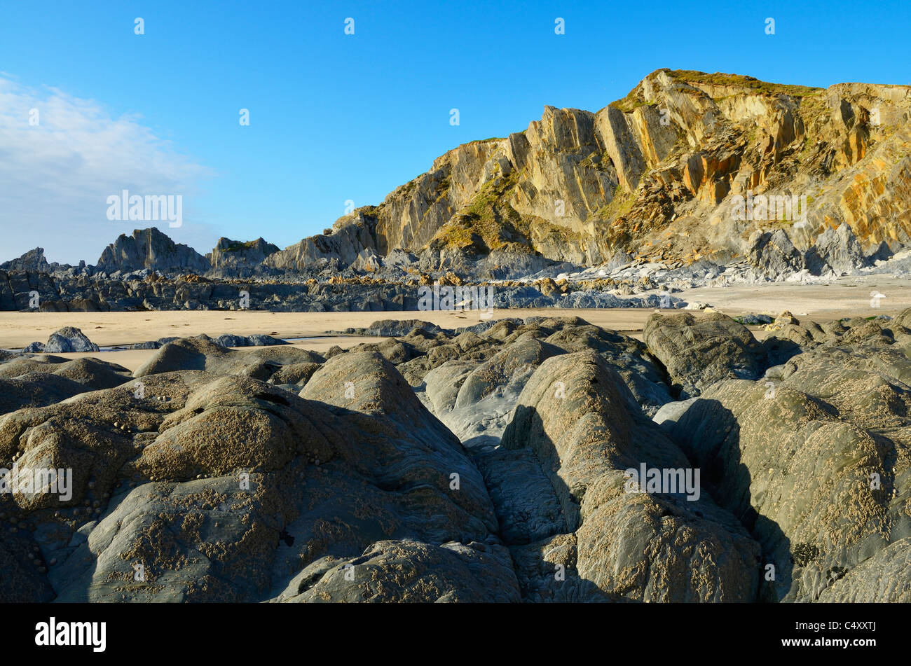 The beach and cliffs at Rockham Bay, Mortehoe, Devon, England Stock ...
