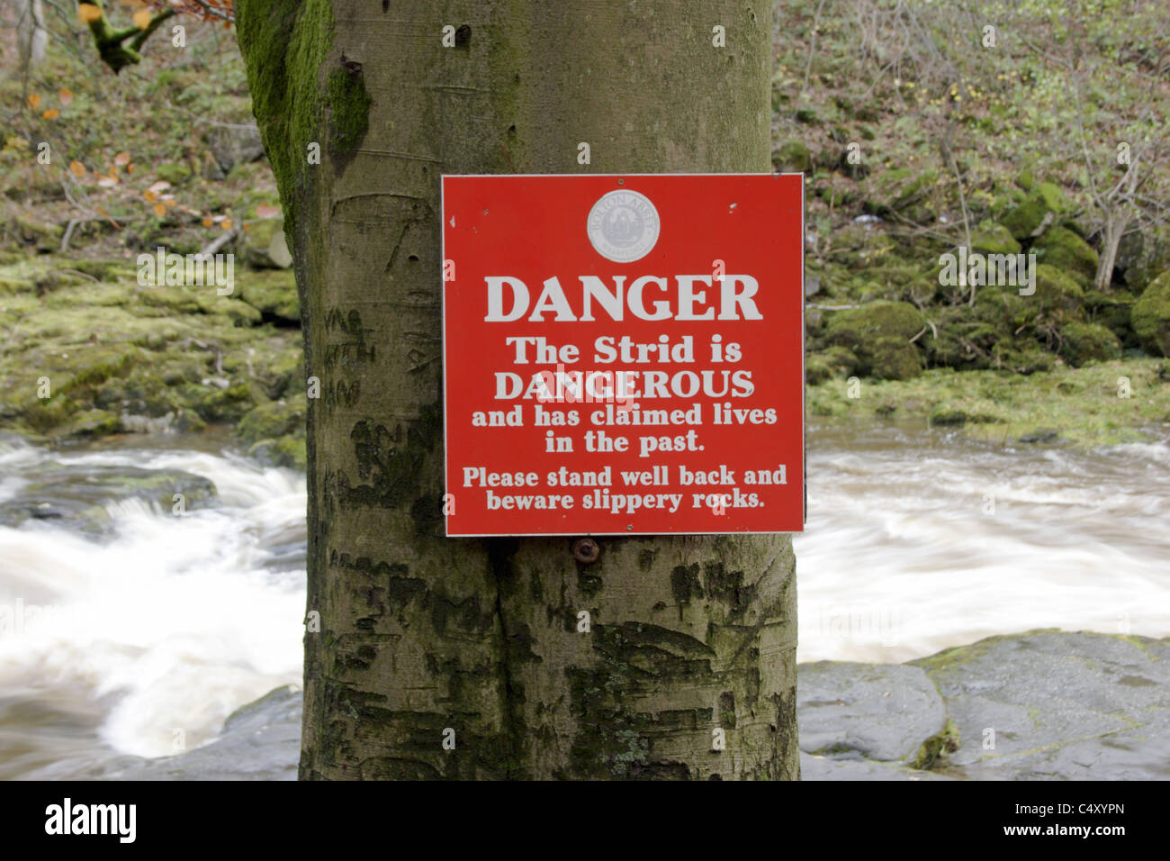 Warning sign by River Wharfe, the Strid, Bolton Abbey Estate ...