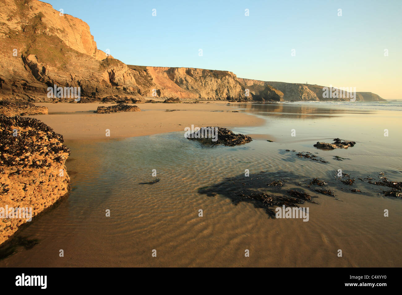 Low tide at Porthtowan beach on a hot summers evening, North Cornwall ...