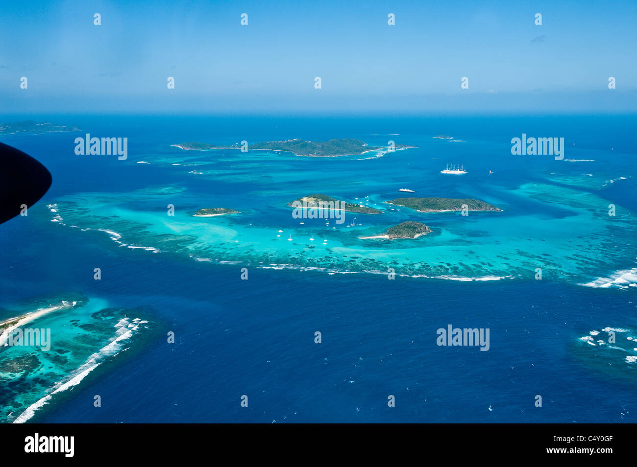 Aerial of Tobago Cays and Mayreau Island, St. Vincent & The Grenadines ...