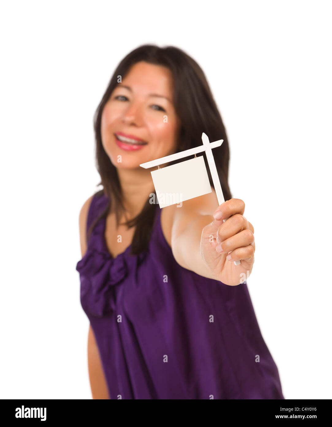 Multiethnic Woman Holding Small Blank Sign Isolated on White Background ...