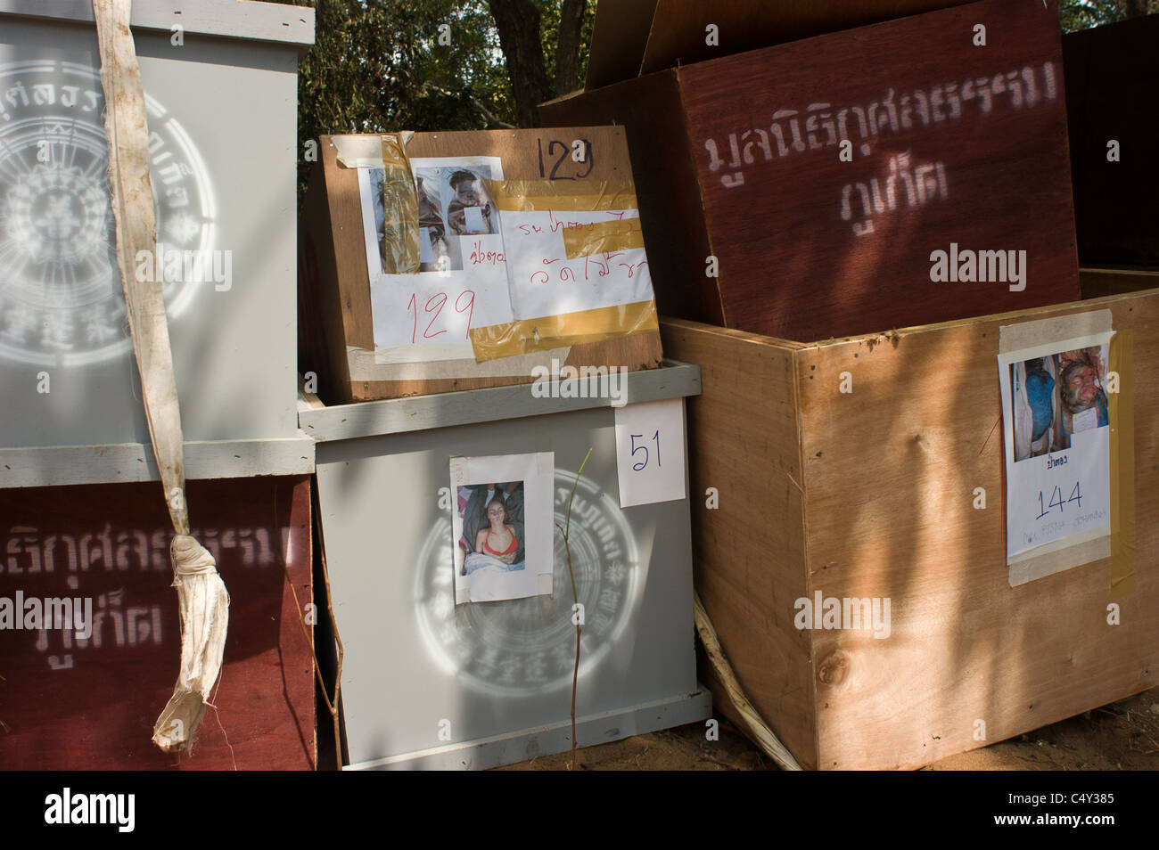 Coffins are stacked up at a make shift morgue in forest near Phuket, in ...