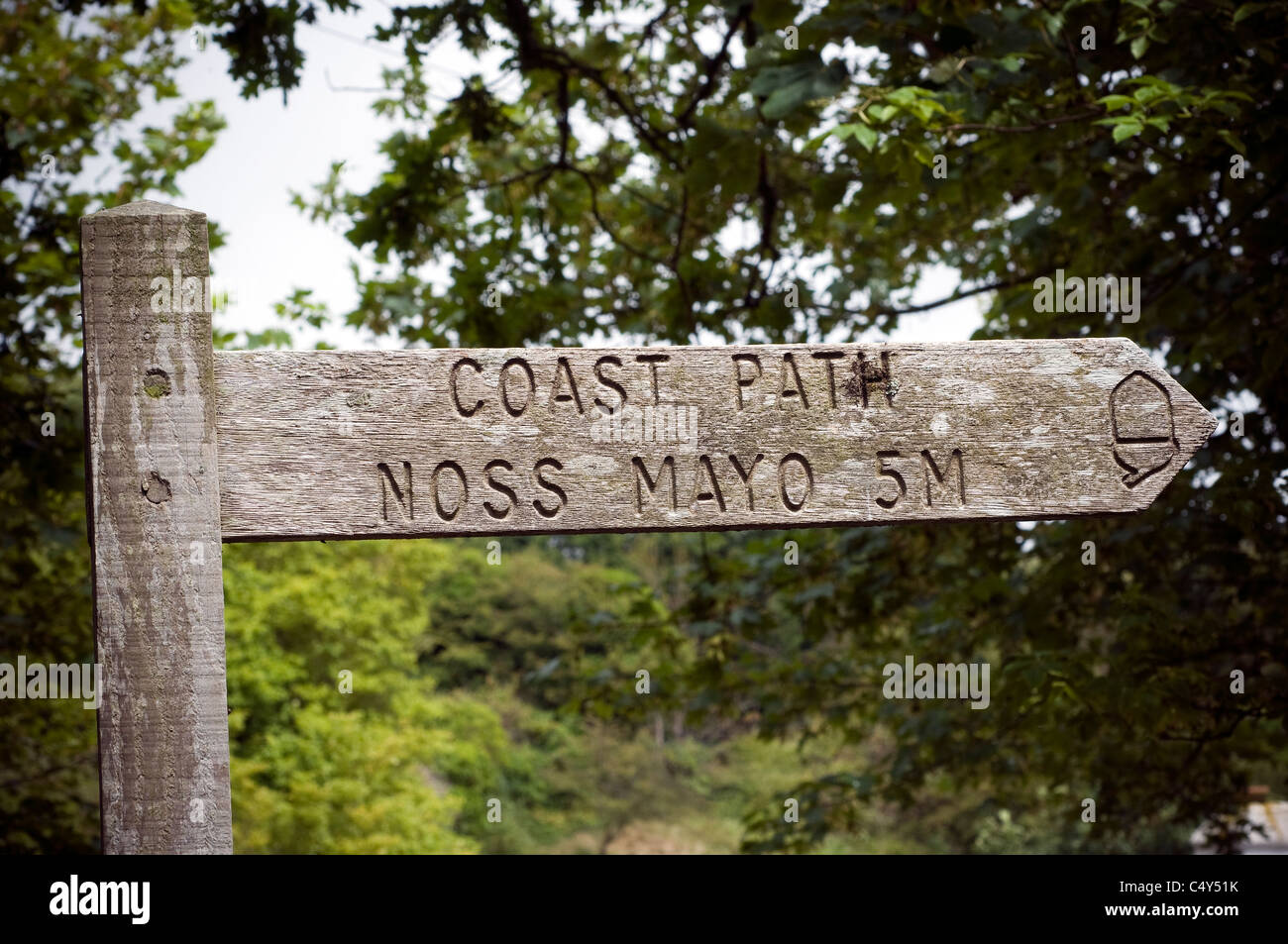 View from South West Coast Path sign at Noss Mayo in Devon Stock Photo ...