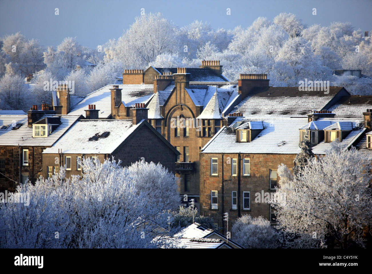 Buildings in Paisley with frosted roofs and trees Stock Photo - Alamy