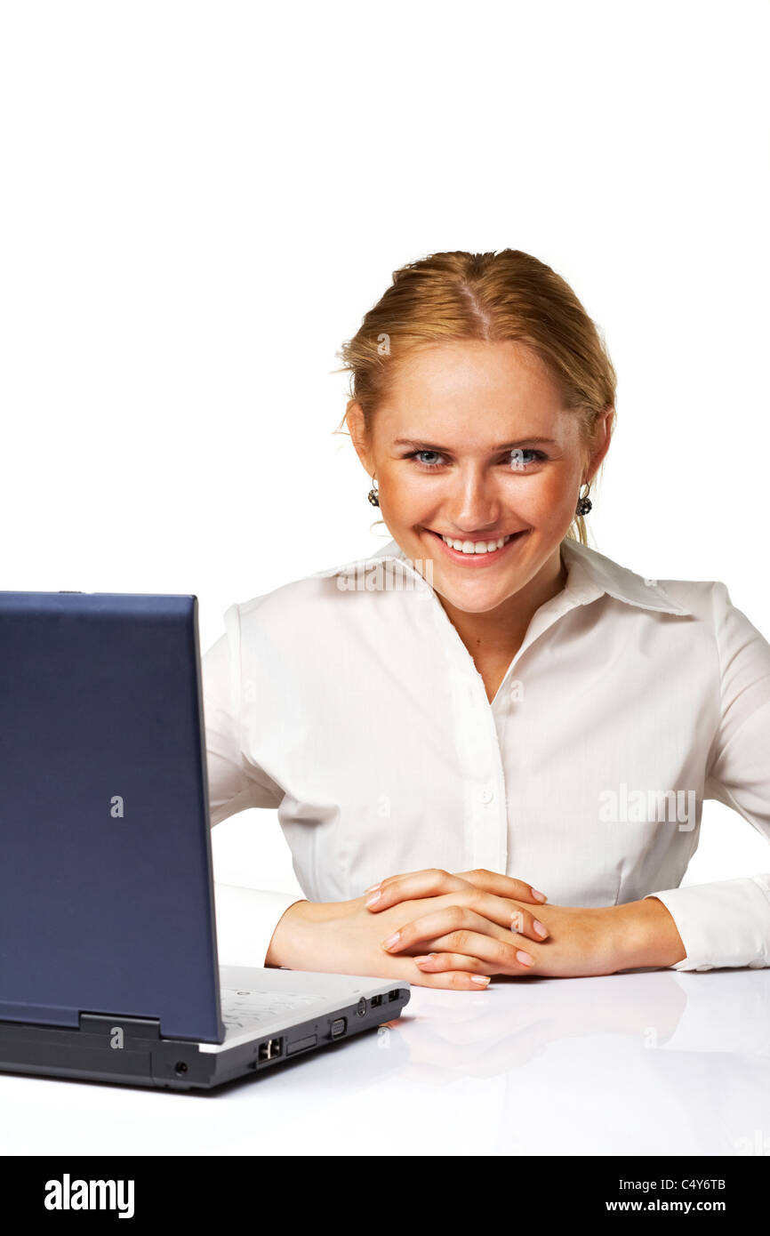 Image of a happy business woman smiling against white background Stock ...