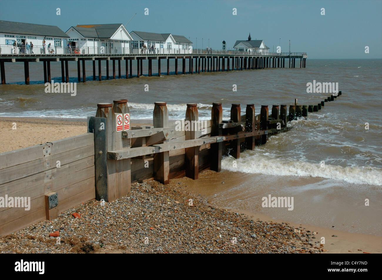 Pier, beach and groyne for erosion control, Southwold, Suffolk, England ...