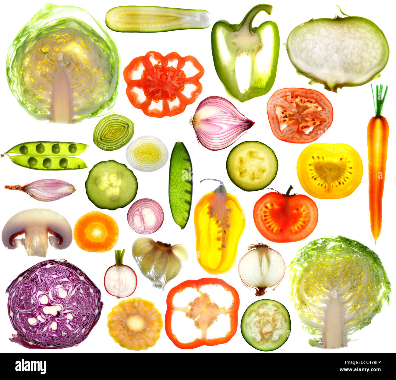 Different, sliced vegetables. Bell peppers, onions, tomatoes, radish ...