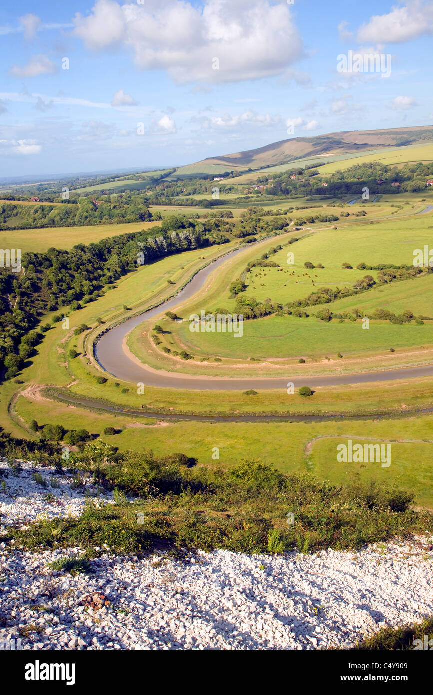 River Cuckmere meanders and flood plain from Frog Firle at High and ...