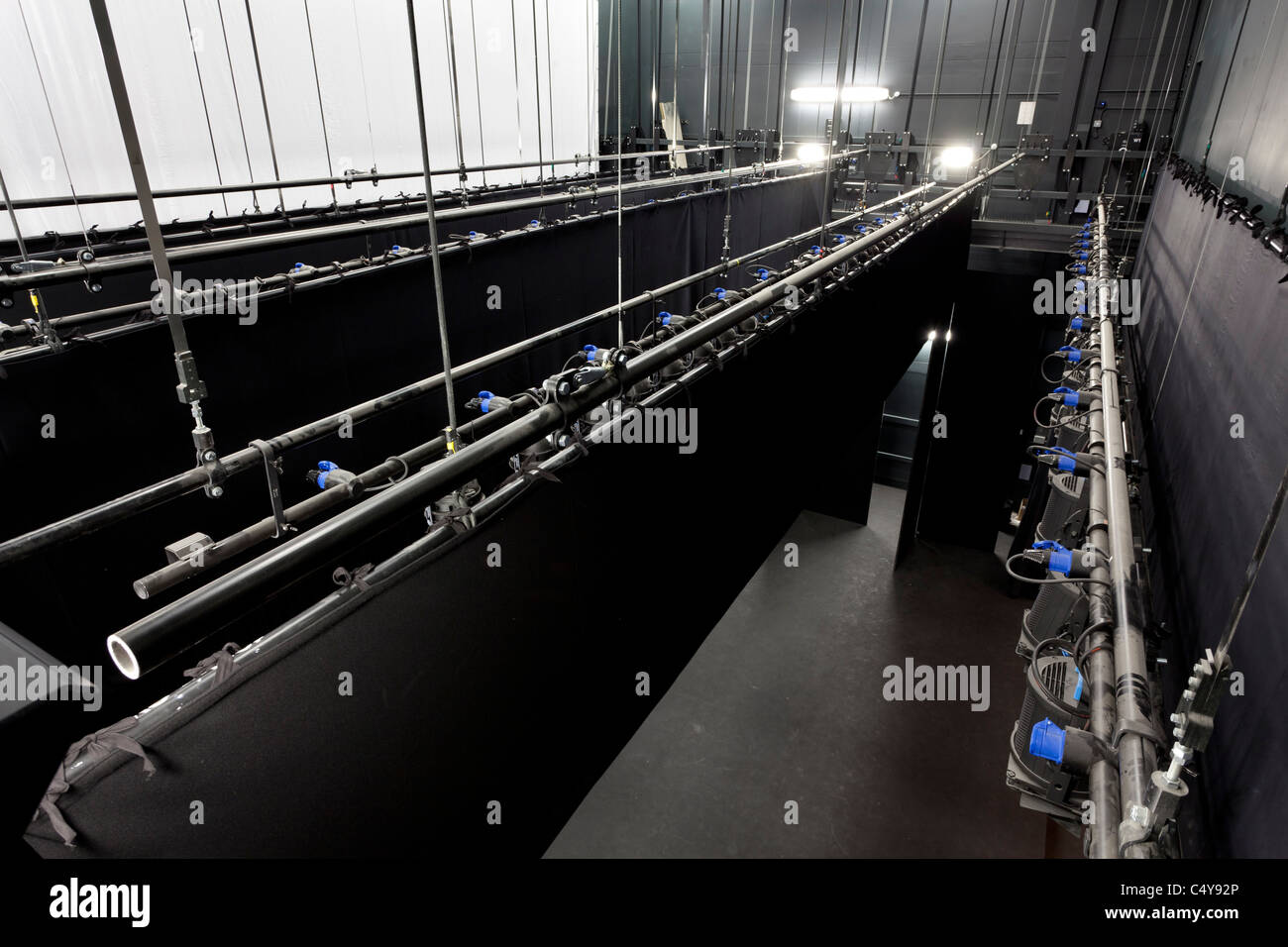 stage lighting and backdrops at the Berry Theatre viewed from above the ...
