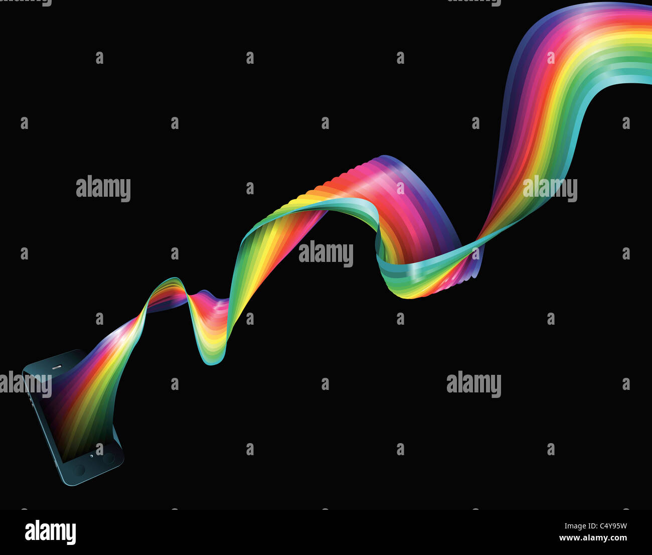 An abstract background with mobile cell phone with a rainbow flowing ...