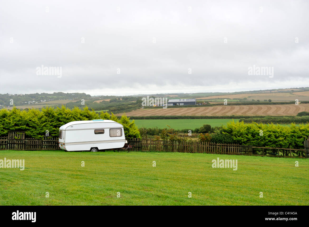 Overcast day with caravan in field, north Cornwall Stock Photo - Alamy