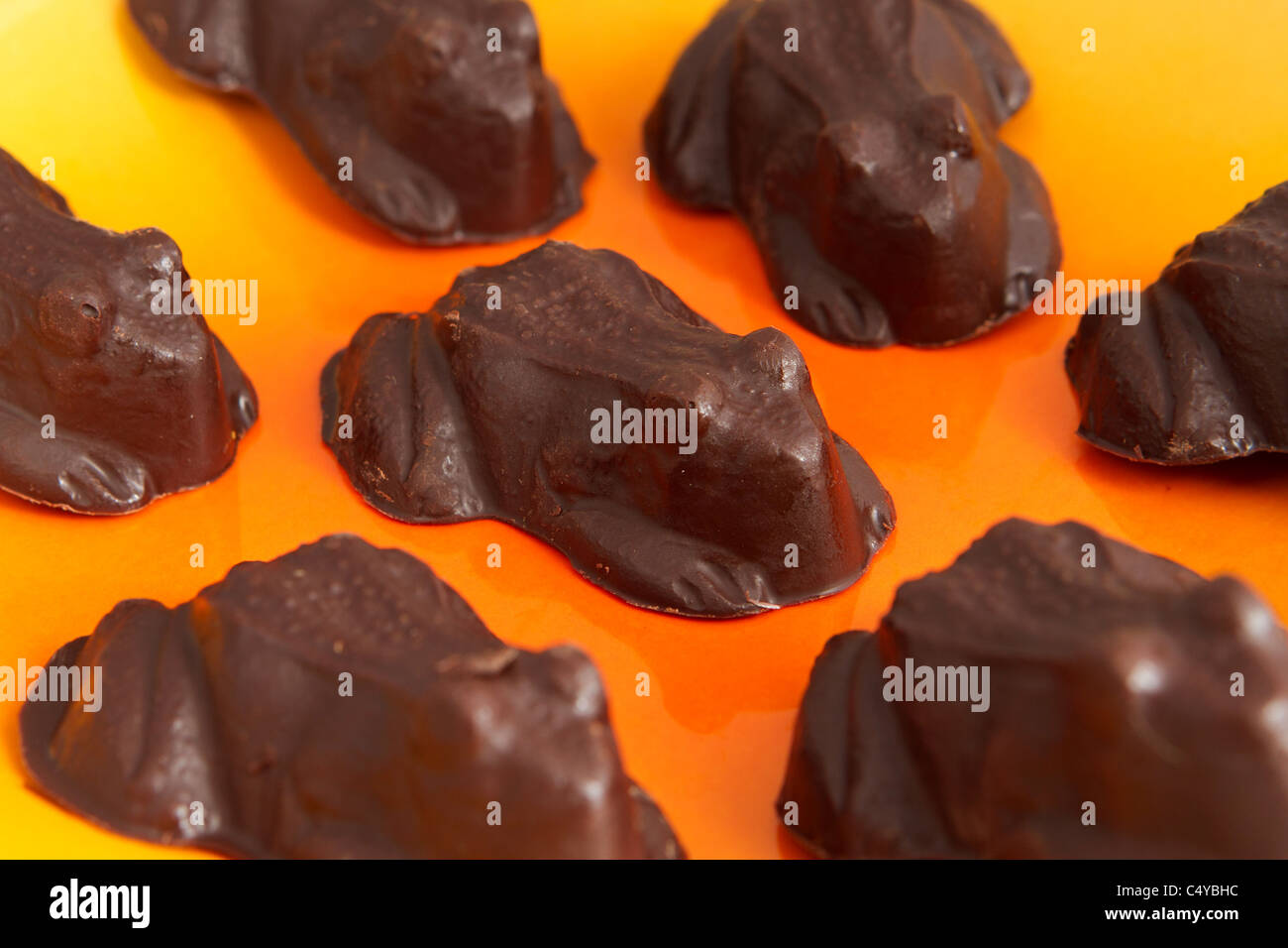 group of chocolate frogs on a colorful orange background Stock Photo ...