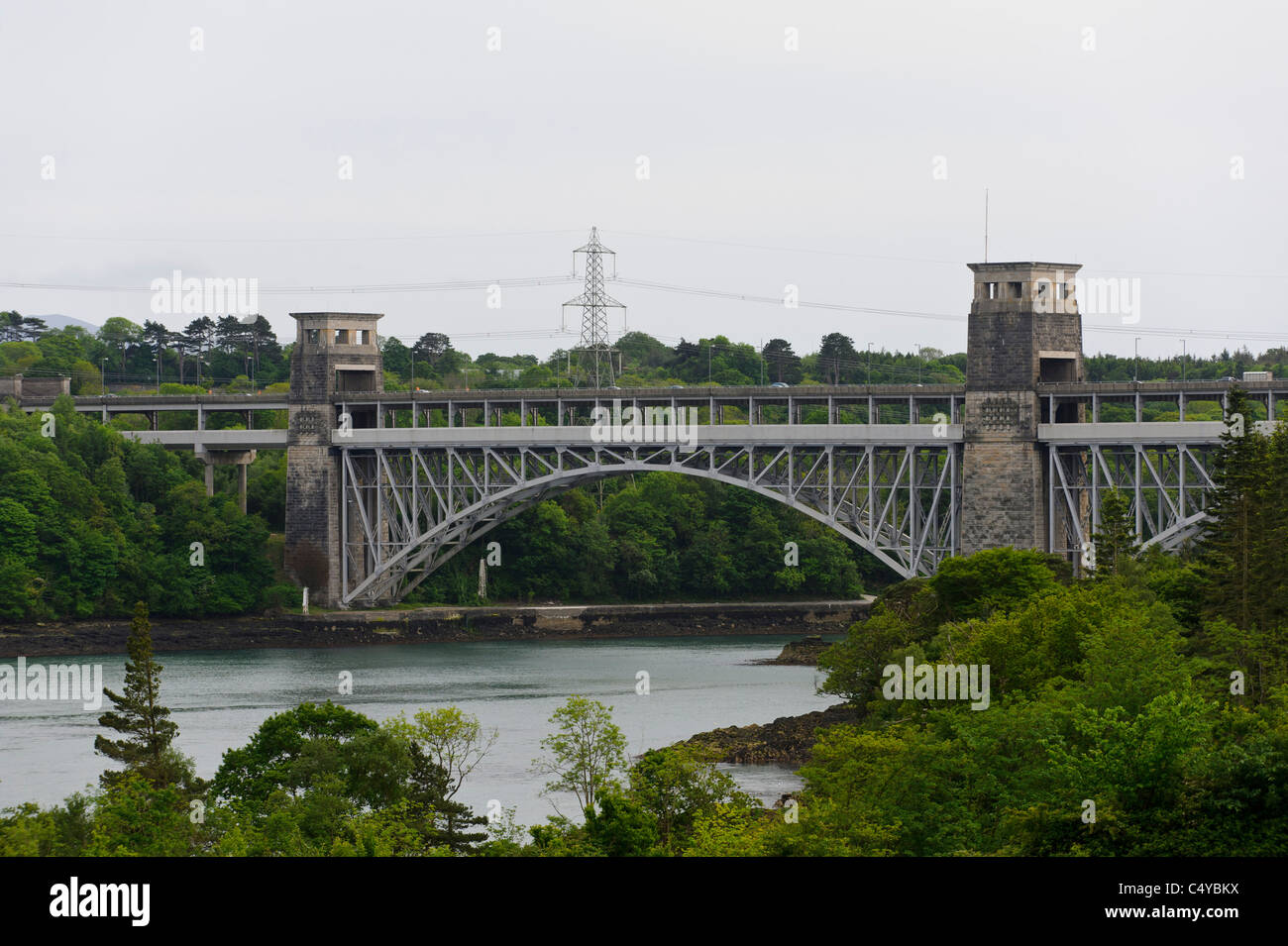 Britannia Bridge (Welsh: Pont Britannia) across the Menai Strait ...