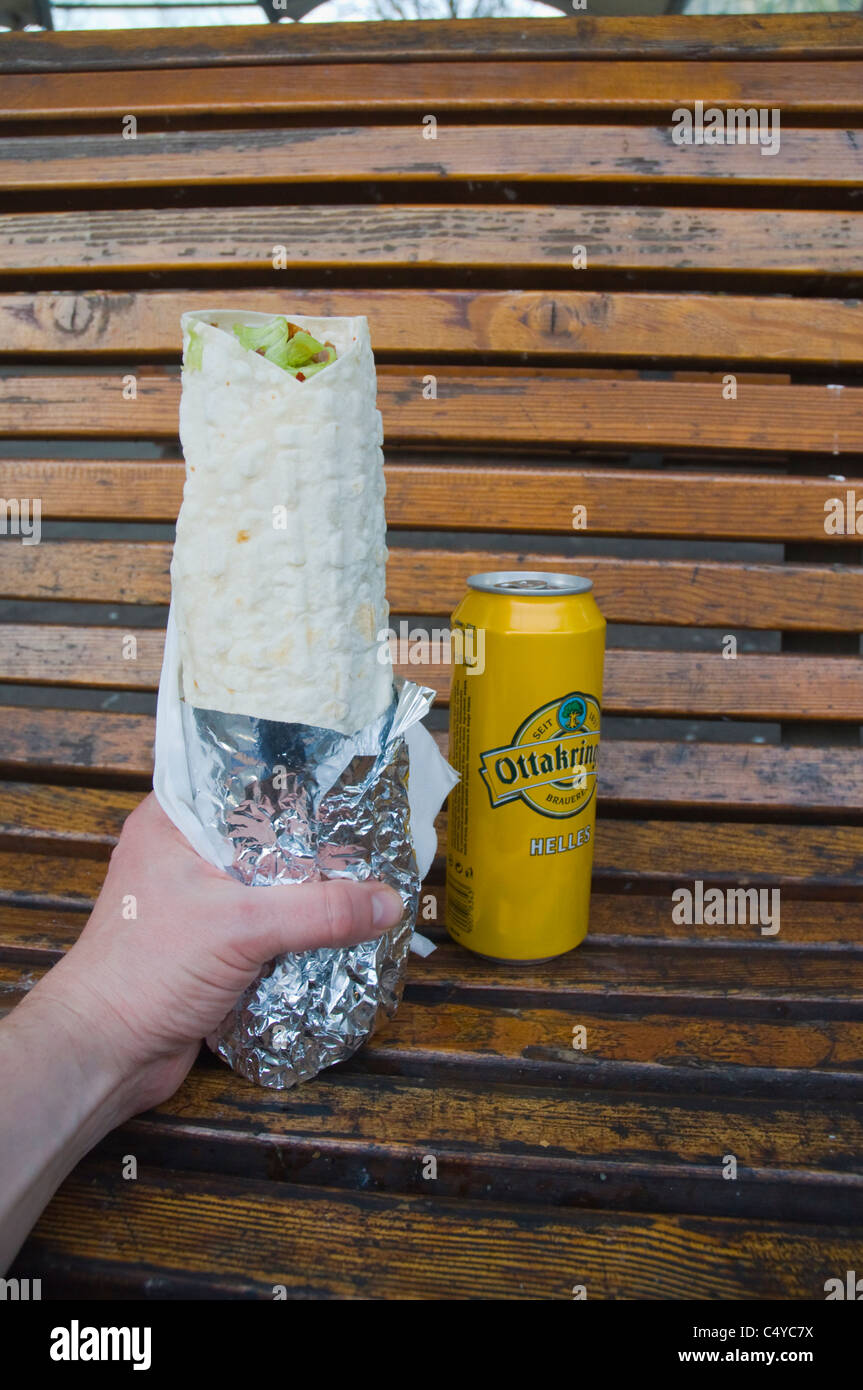 Gyros dürum kebab roll and a half litre can of Ottakringer beer Vienna ...
