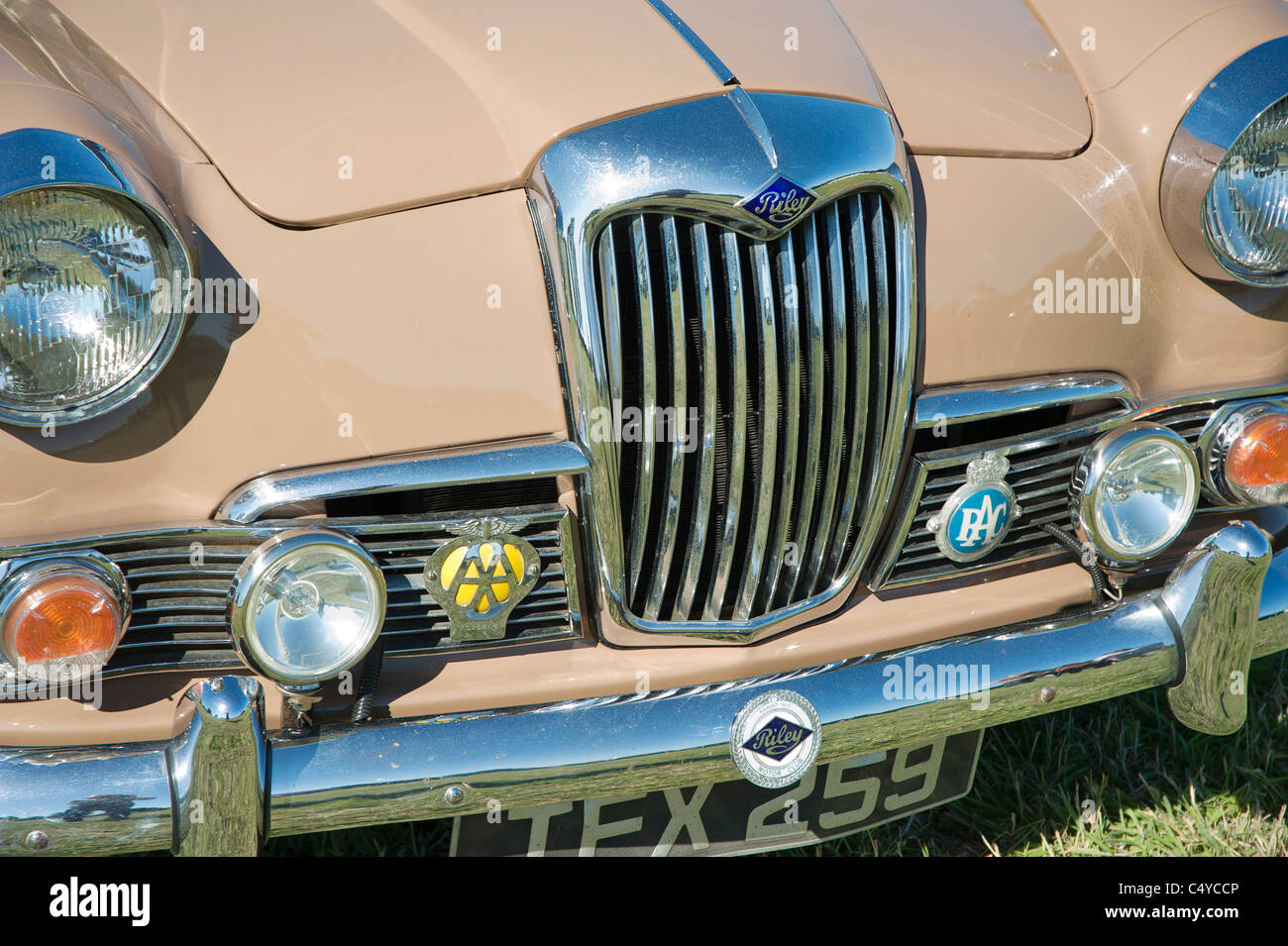 Riley One-Point-Five, headlight , radiator grill,AA and RAC badge Stock ...