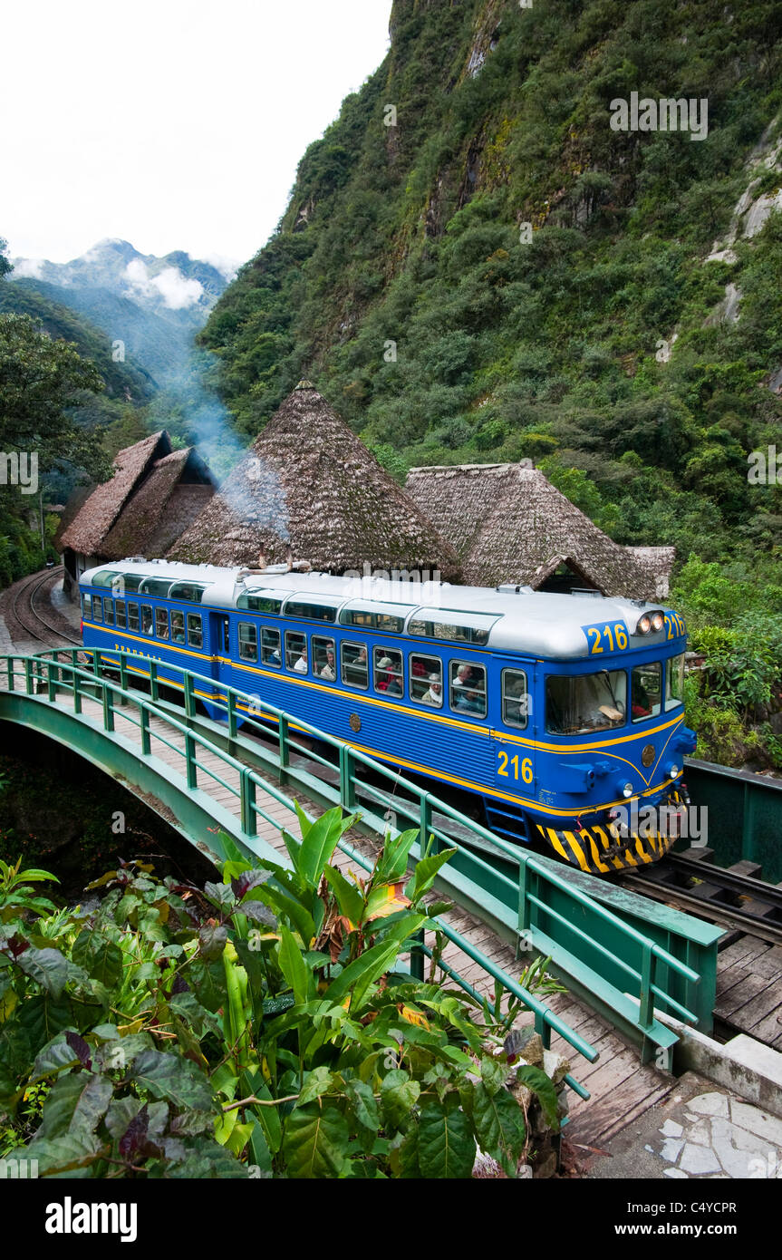 A Peru Rail train arriving at Agua Calientes near Machu Picchu, Peru ...