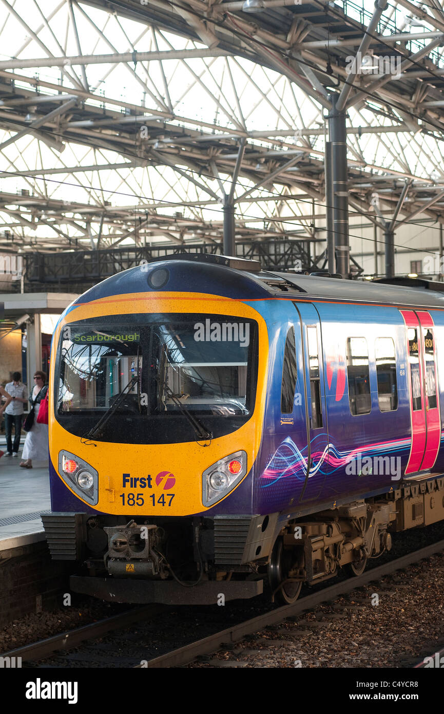 Class 185 train in First Transpennine livery waiting at a railway ...