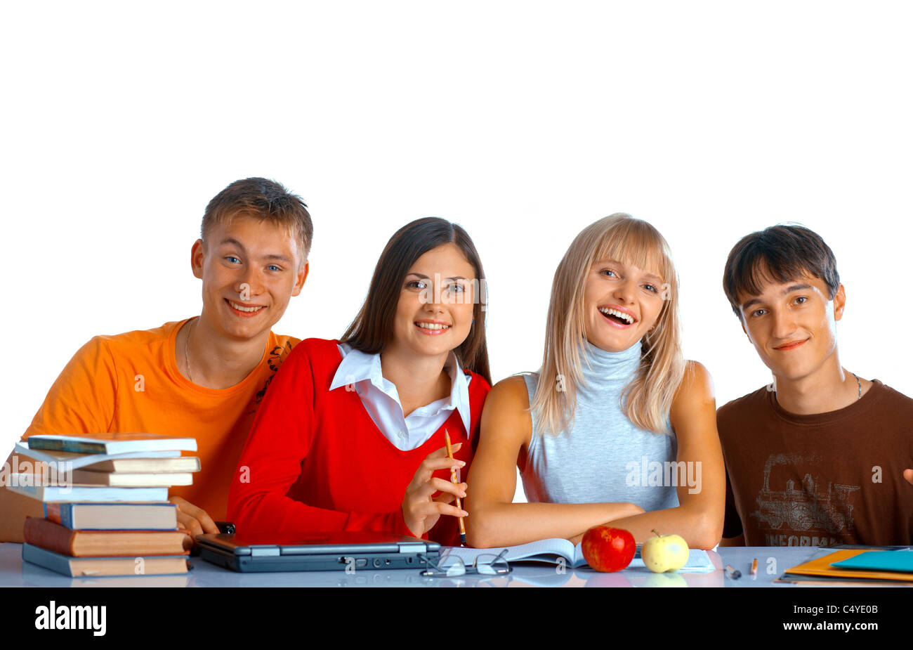 Group of students sit at the desk and smile on white background Stock ...