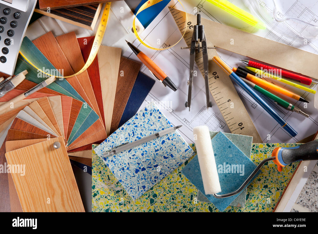 Architect or interior designer workplace desk and design tools with ...