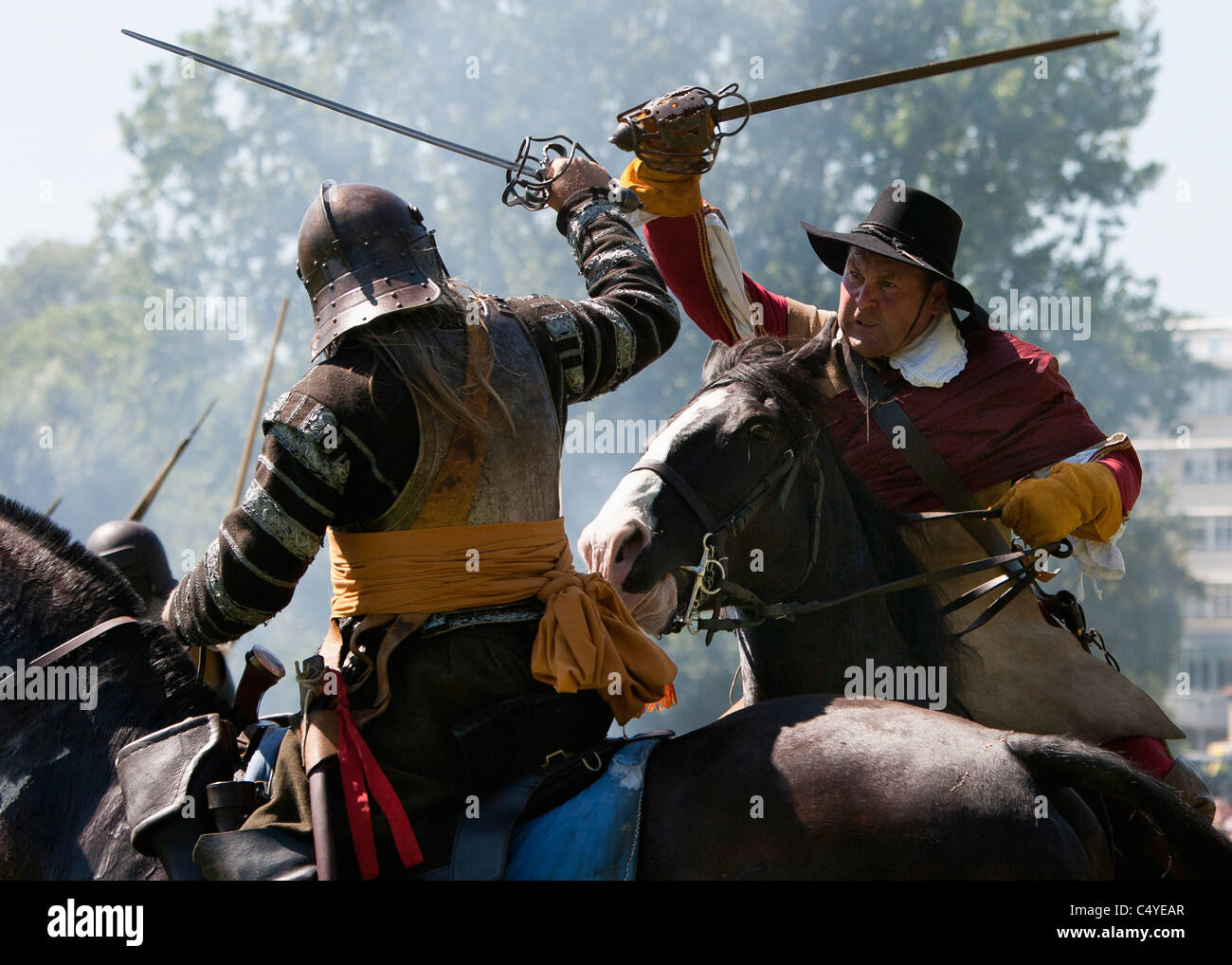 Members Of The English Civil War Society Clash During A Battle Re