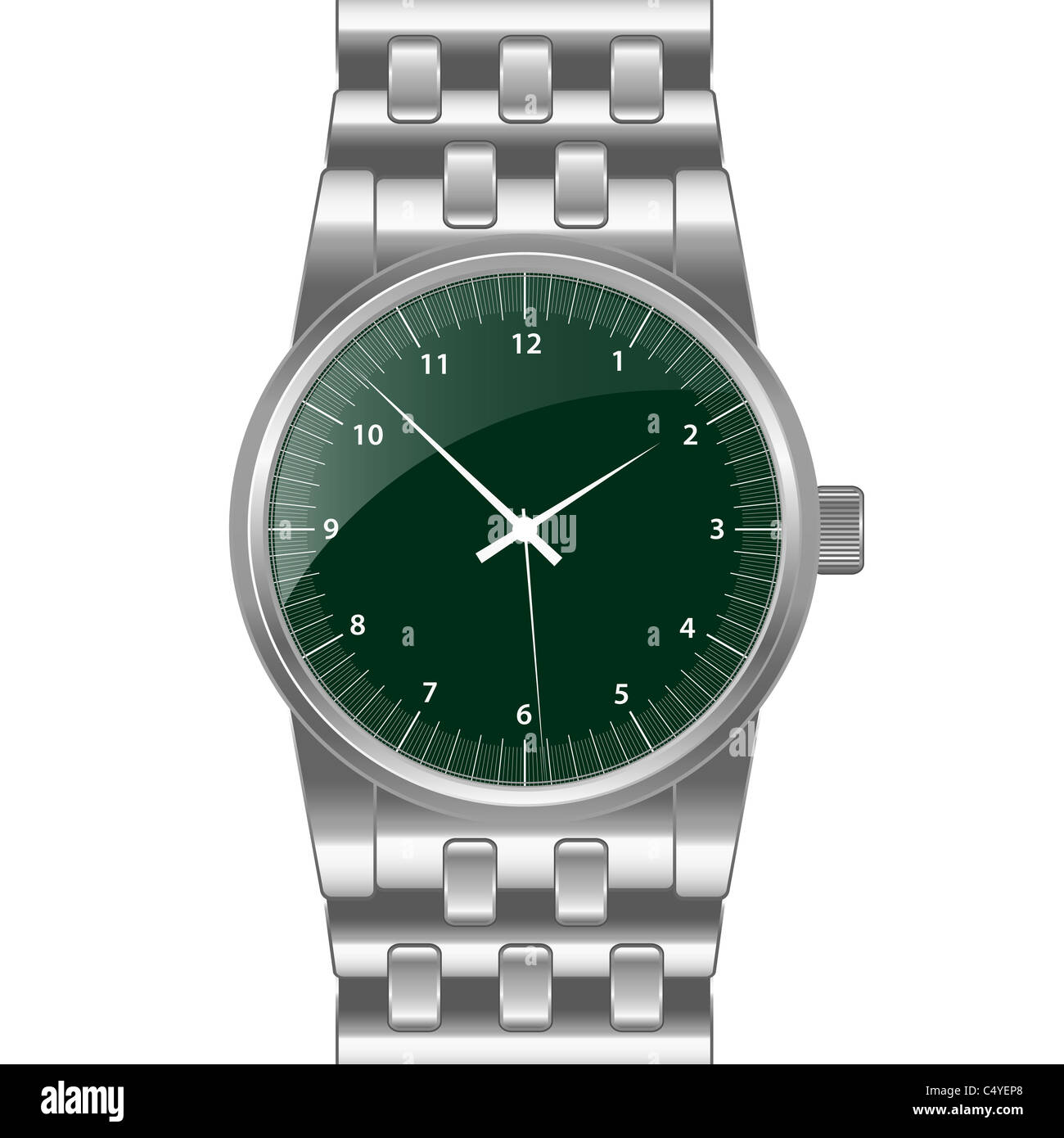 Silver watch with silver wrist band, dark green shiny clock face ...