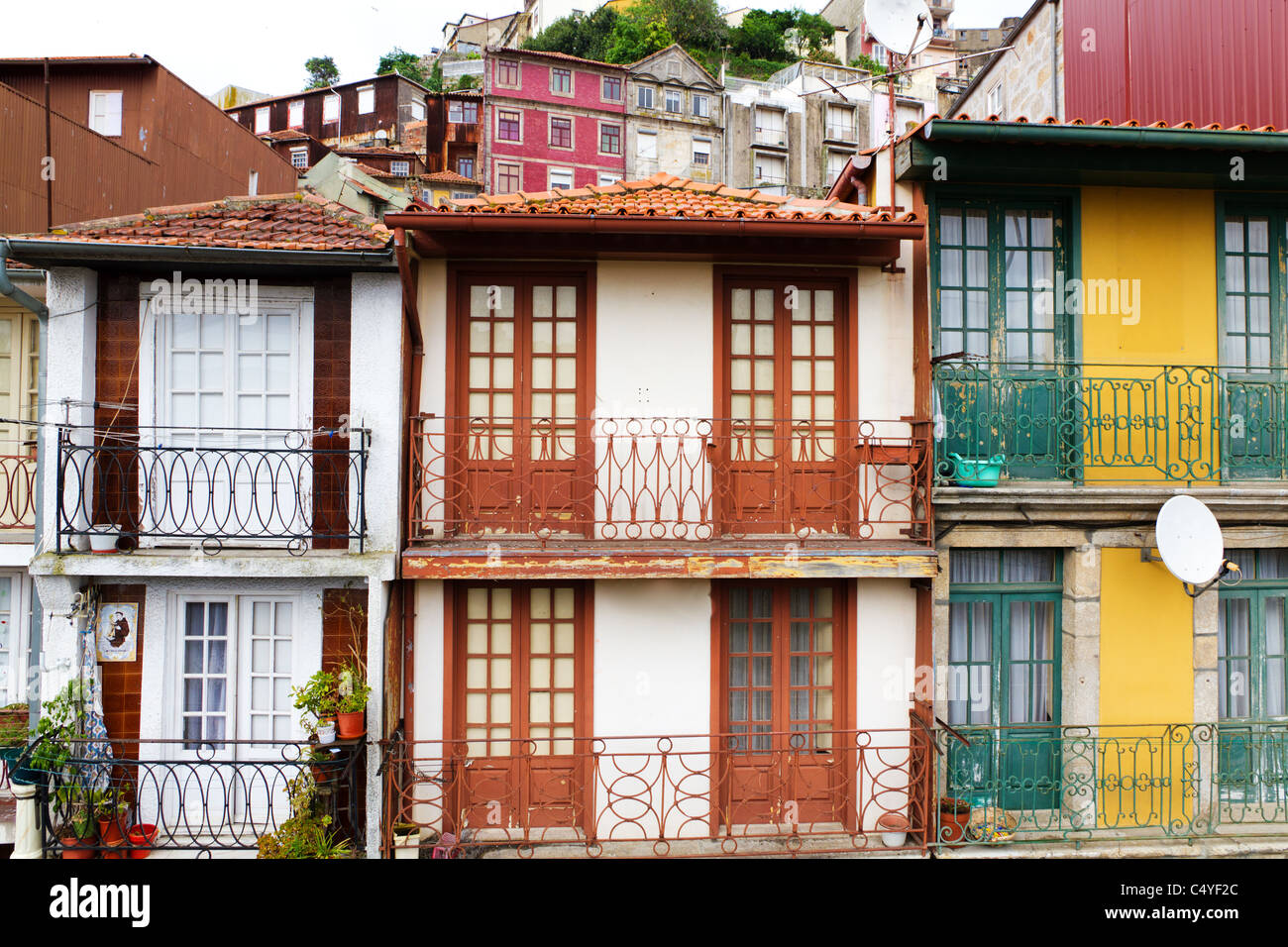colorful classical houses balcony facades in Porto, Portugal Stock ...