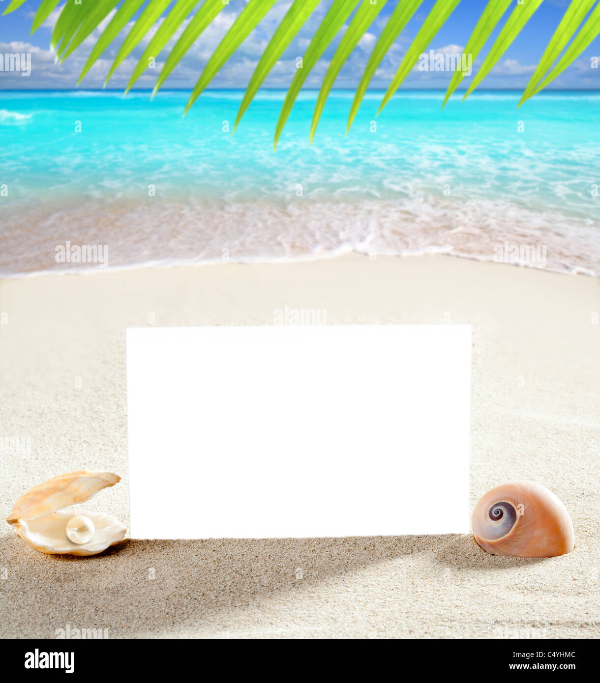 beach vacation concept blank paper in white sand beach with pearl ...