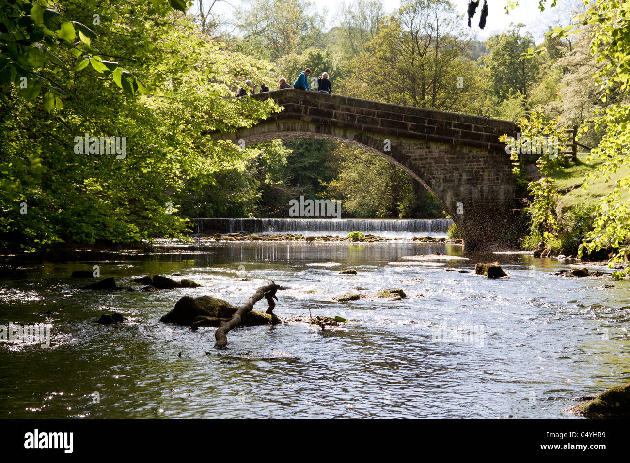 Bridge over a river in the British countryside with a weir in the far ...