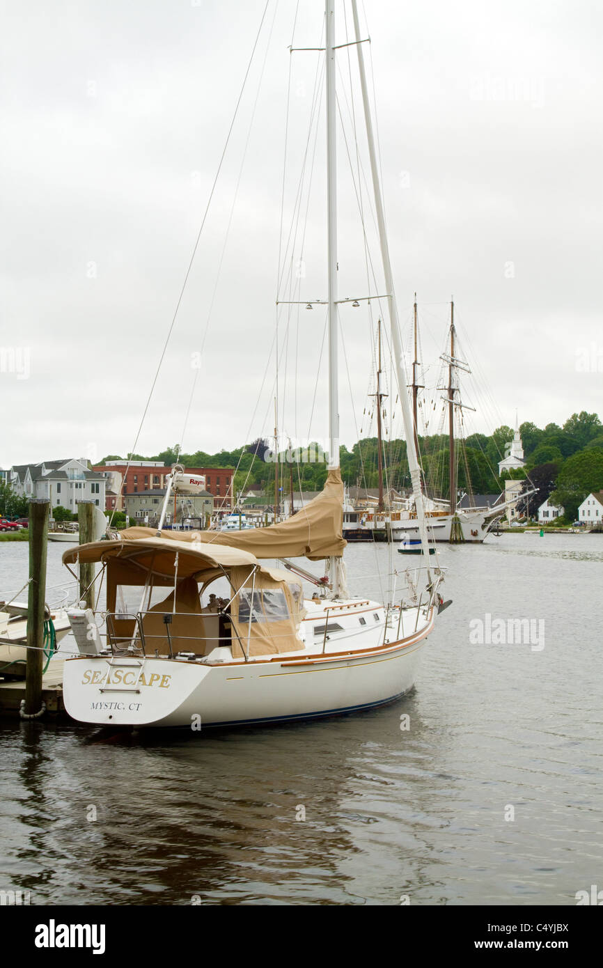 Mystic Seaport dock with sailboat in Mystic, Connecticut, USA Stock ...