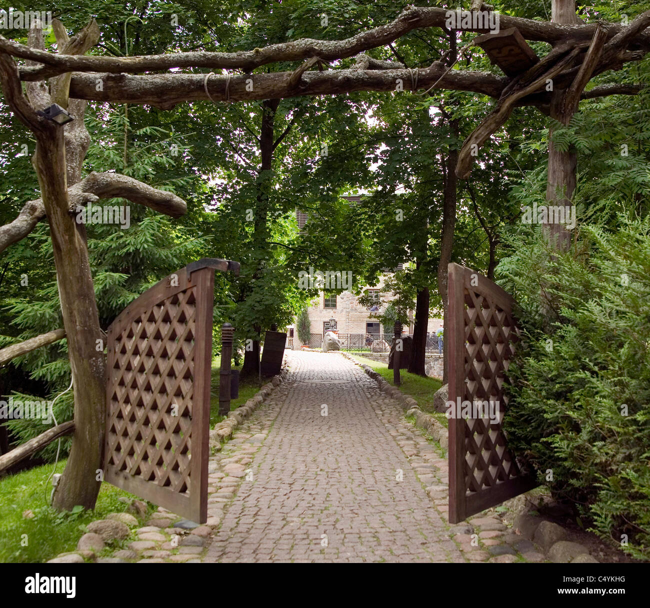 There is wooden gates with nature around Stock Photo - Alamy
