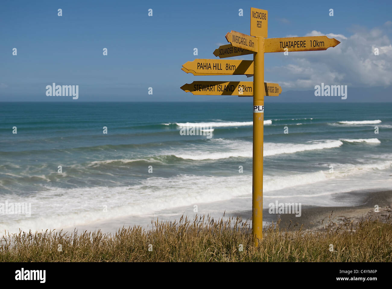 signpost along the coastal road to Invercargill Stock Photo - Alamy