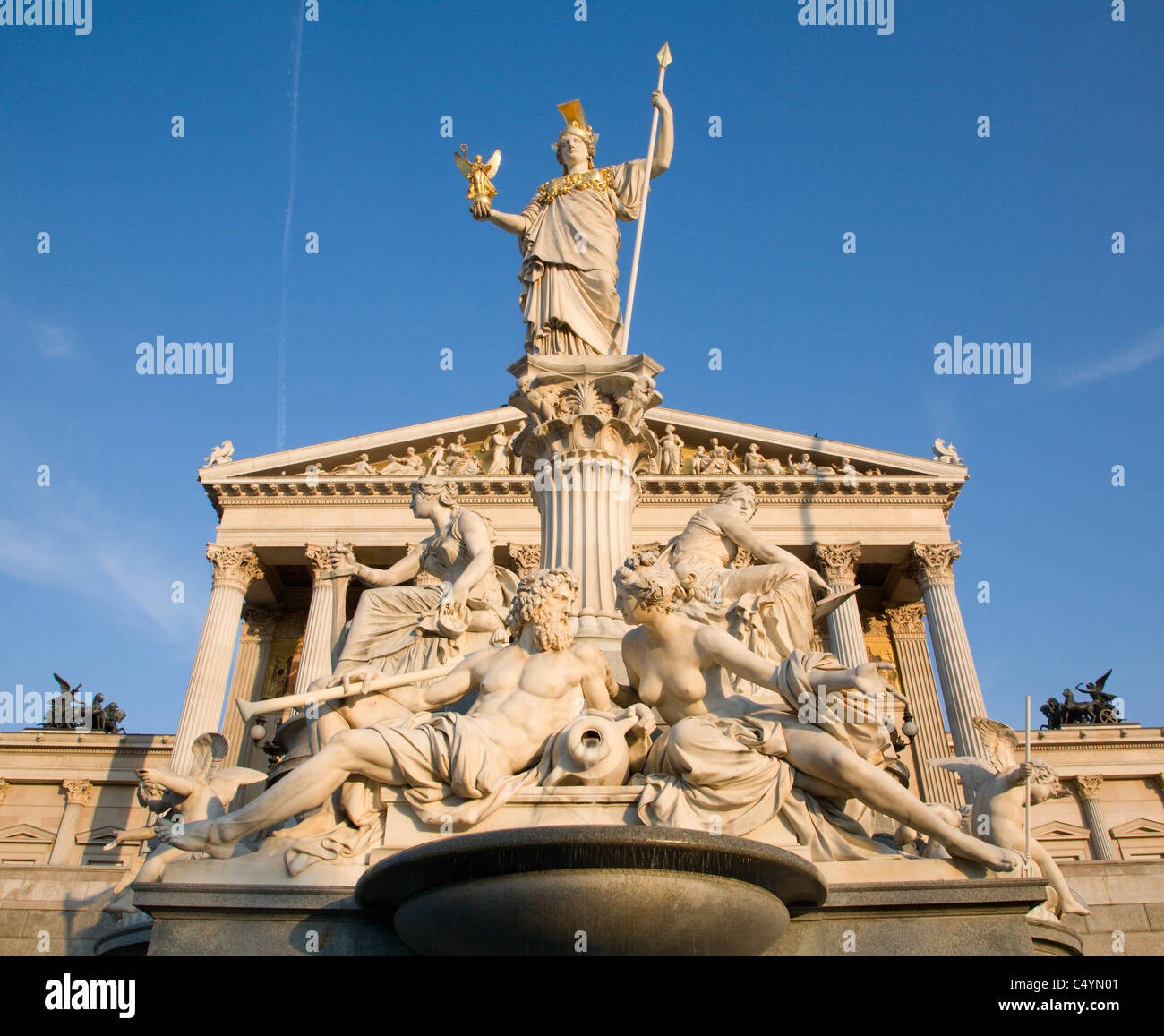 Pallas Athena fountain for parliament in Vienna in the morning light ...