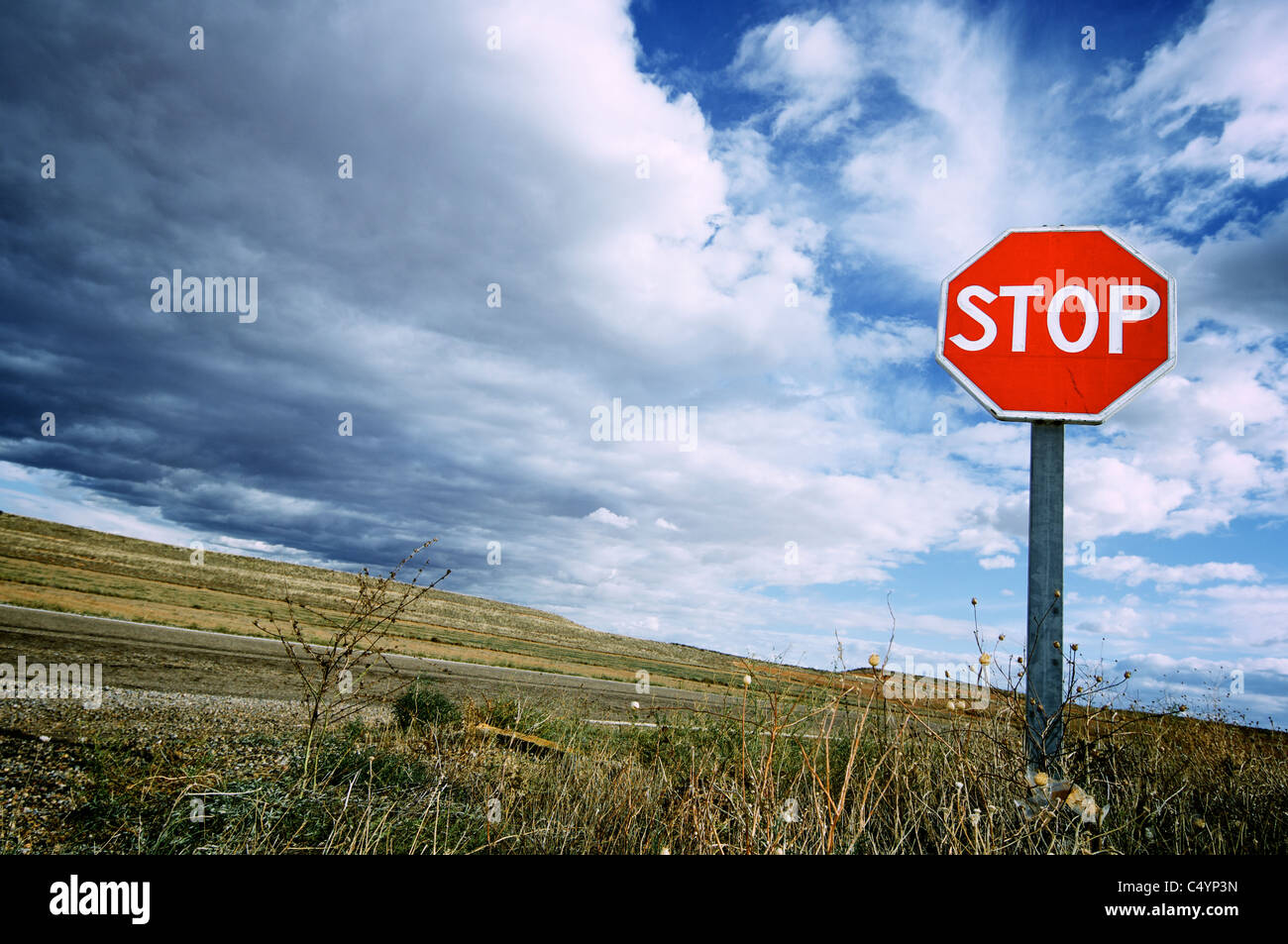 Stop sign road blue sky grass hi-res stock photography and images - Alamy