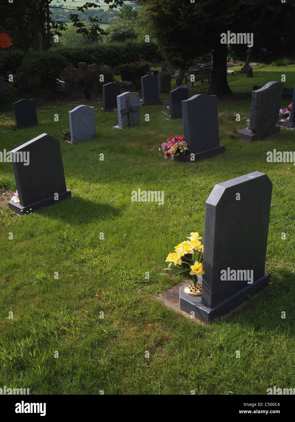 gravestones lit by the sun in a country cemetery Stock Photo - Alamy