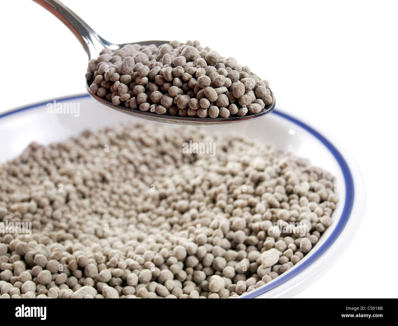 Spoon and a plate full of fertilizer on a white background Stock Photo ...