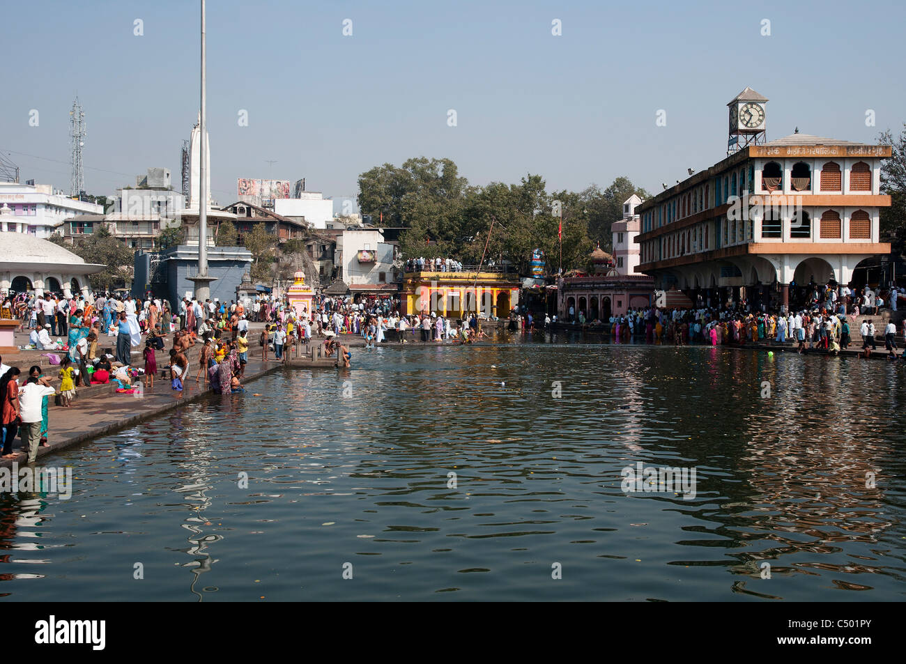 India, Maharashtra, Nashik ritual bathing in the holy the Godavari ...