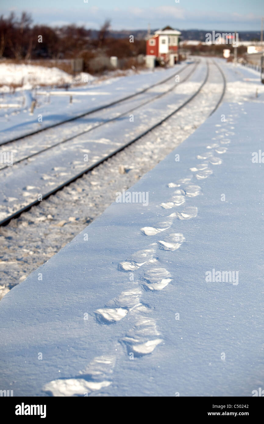 Winter snow on railway lines Montrose Angus Scotland Stock Photo - Alamy