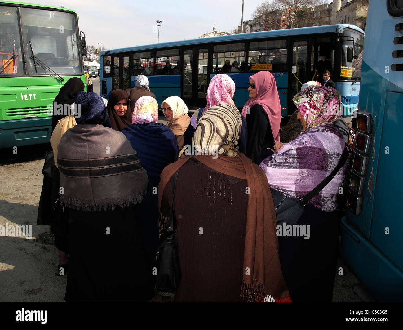 Turkey Istanbul Üsküdar Turkish Muslim women waiting for bus between ...