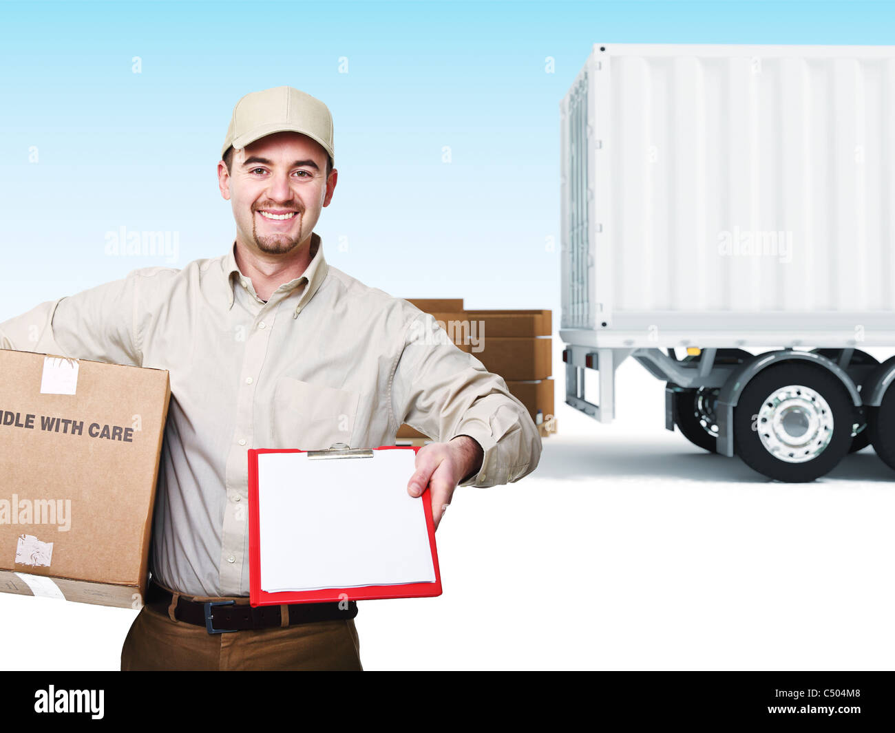portrait of delivery man and truck background Stock Photo - Alamy