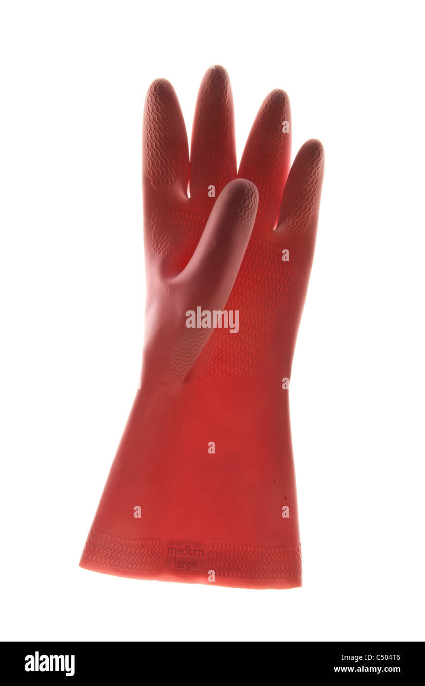 Bright red cleaning gloves displayed against a plain background for ...